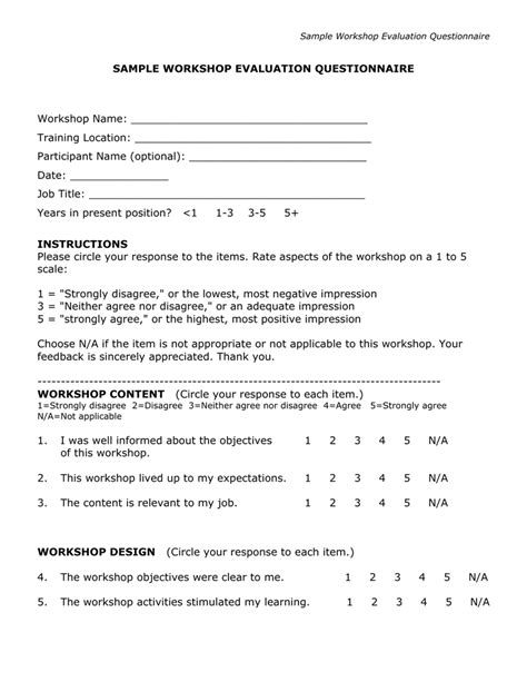 Sample Workshop Evaluation Questionnaire Workshop Name