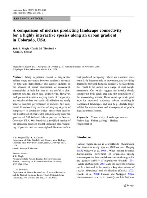 Pdf A Comparison Of Metrics Predicting Landscape Connectivity For A Highly Interactive Species