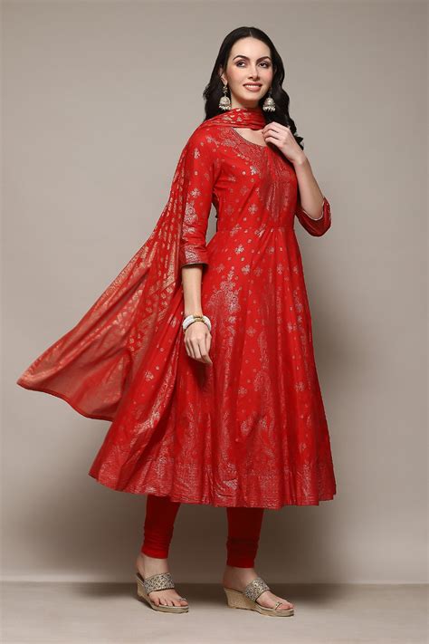 Buy Red Cotton Anarkali Kurta Churidar Suit Set Online At Biba India