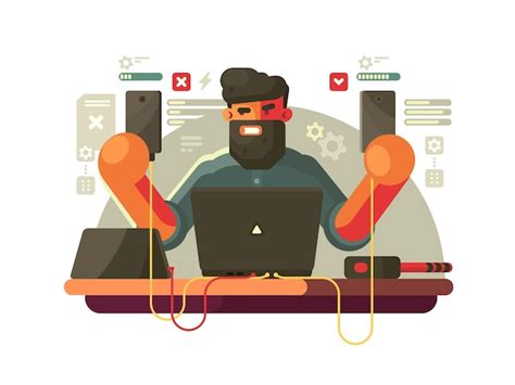 Premium Vector Developer Of Mobile Phones Bearded Man With Gadgets Vector Illustration