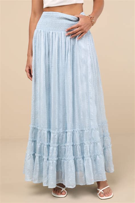 Light Blue Midi Skirt Smocked Skirt High Rise Tiered Skirt Lulus