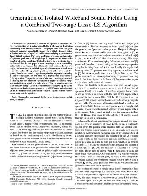 Pdf Generation Of Isolated Wideband Sound Fields Using A Combined Two Stage Lasso Ls Algorithm
