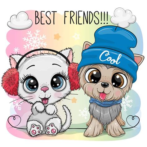 بچه گربه و توله سگ کارتونی زیبا در پس زمینه رنگین کمان 1689512