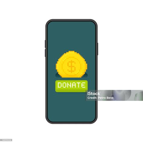 기부와 자선 디자인 개념입니다 기부 버튼과 8비트 픽셀 코인이 있는 전화 화면 자선 재정 지원 및 기금 모금 자원 봉사 및 기부 벡터 그림 건강관리와 의술에 대한 스톡 벡터