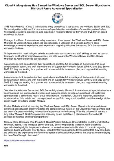 Cloud 9 Infosystems Has Earned The Windows Server And Sql Server Migration To Microsoft Azure