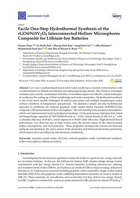 Pdf Facile One Step Hydrothermal Synthesis Of The Rgoni3v2o8 Interconnected Hollow
