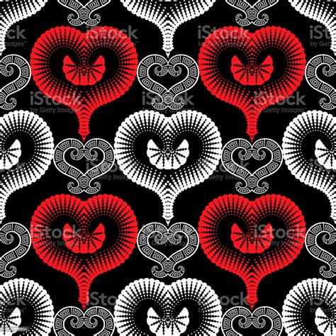 사랑 하트 로맨틱 벡터 원활한 패턴입니다 블랙 화이트 레드 장식 그리스 스타일 배경입니다 현대 패턴 반복 배경입니다 아름다운 추상적 인 사랑의 마음입니다 그리스 어 키 사행