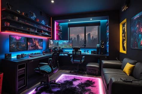 Premium Photo Contrasting Darkthemed Gaming Room With Bright Accents