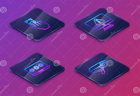 Set Isometric Line Fingerprint Laptop With Password Monitor Exclamation Mark And Security