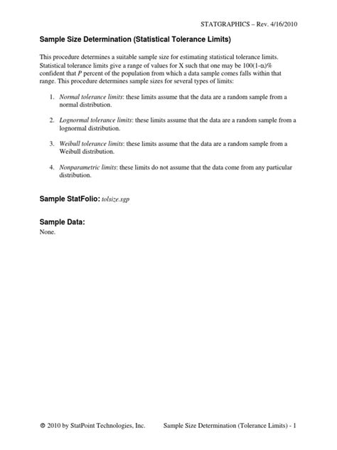 Sample Size Determination Tolerance Limits Pdf Confidence