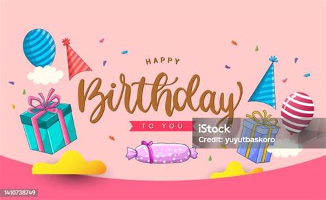 인사말 카드와 포스터와 풍선 색종이 선물 상자 생일 축 하 디자인 서식 파일에 대 한 행복 한 생일 인쇄 술 벡터 디자인 광고에 대한 스톡 벡터 아트 및 기타 이미지