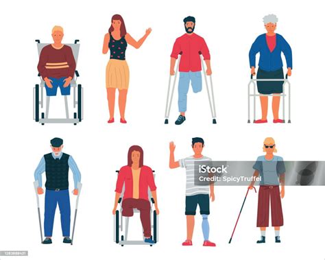 사람을 비활성화합니다 사지 부상을 입은 남성 여성 맹인 또는 노인 휠체어를 탄 장애인 목발 석고 지팡이 벡터 장애 및 제한된 이동성 격리 세트 실명에 대한 스톡 벡터 아트