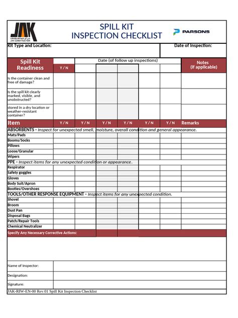 Spill Kit Inspection Checklist Pdf