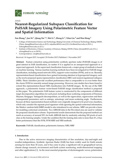 Pdf Nearest Regularized Subspace Classification For Polsar Imagery