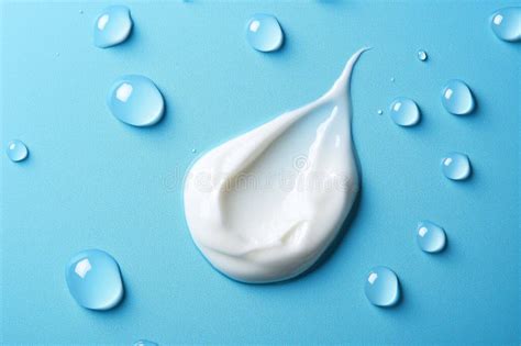 Creamy White Droplet On Blue Surface Surrounded By Small Water Drops And Blobs Stock Image