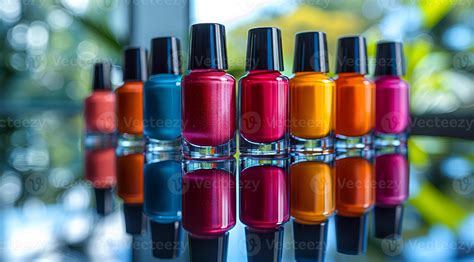 A Row Of Colorful Nail Polish Bottles Are Lined Up On A Table The