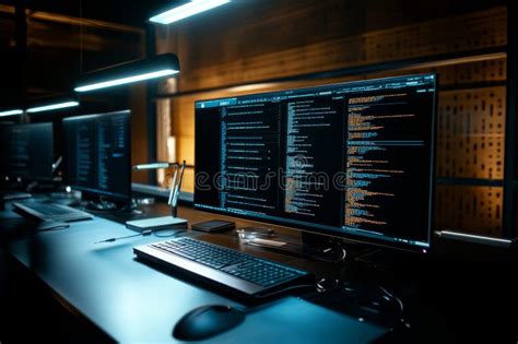 coding workspace with multiple monitors displaying programming