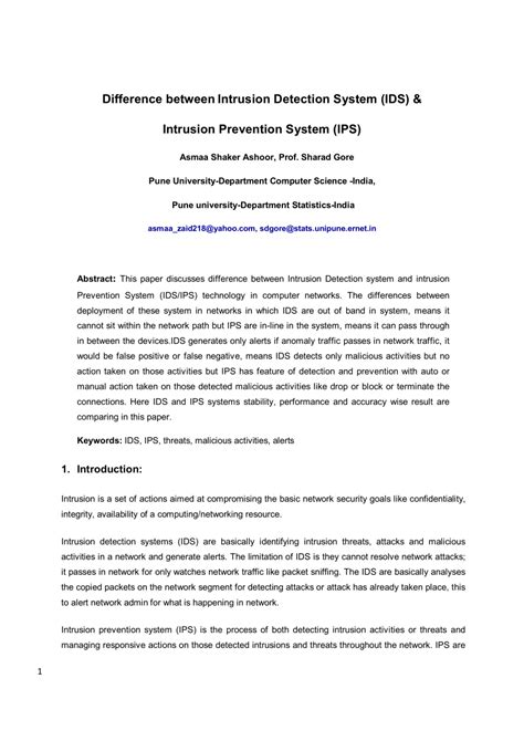 Pdf Difference Between Intrusion Detection System Ids And Intrusion Prevention System Ips