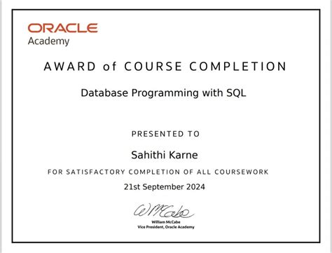 Sahithi Karne On Linkedin Hello Everyone I Have Successfully Completed Database Programming With