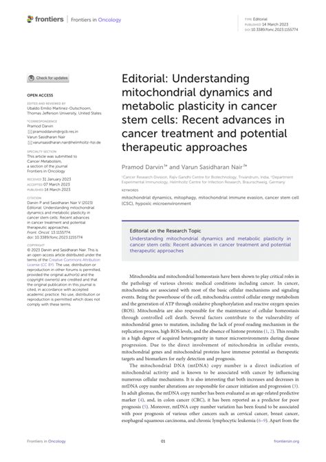 Pdf Editorial Understanding Mitochondrial Dynamics And Metabolic Plasticity In Cancer Stem