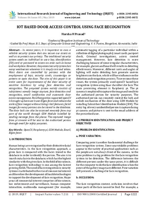 Pdf Irjet Iot Based Door Access Control Using Face Recognition