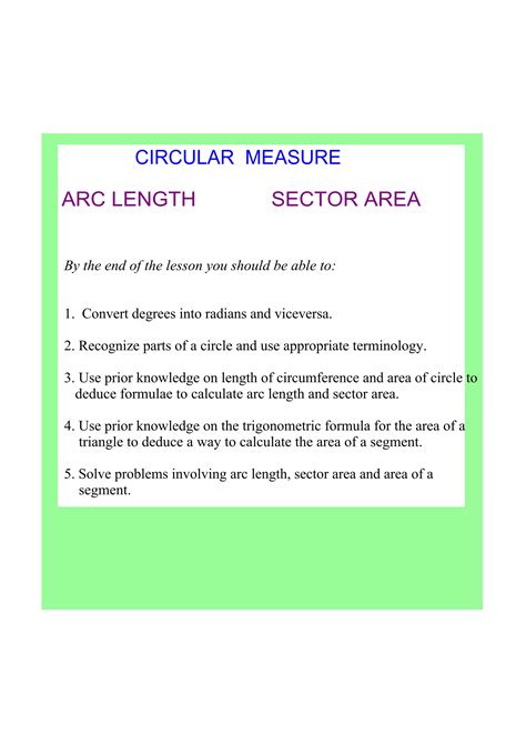 Ib Maths Radians Arc Length And Sector Area Pdf Physics Science