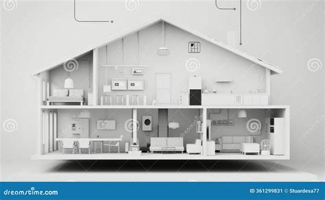 Minimalist Smart Home Cutaway Showing Interior Automation Stock Image