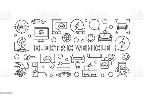 전기 자동차 최소 그림입니다 벡터 Ev 수평선 배너는 자동차 아이콘으로 만든 개념에 대한 스톡 벡터 아트 및 기타 이미지