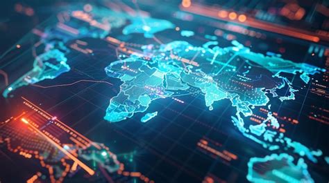 Futuristic Digital World Map With Neon Lights Abstract Data Visualization Premium Ai Generated