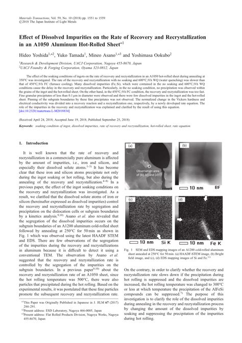 Pdf Effect Of Dissolved Impurities On The Rate Of Recovery And Recrystallization In An A1050