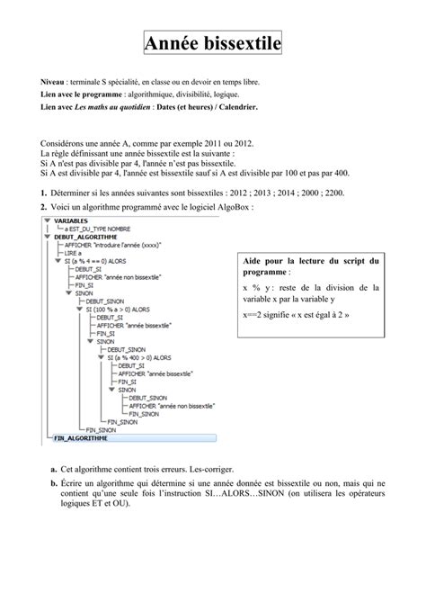 Algorithme Annee Bissextile