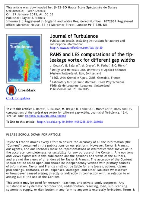 Pdf Rans And Les Computations Of The Tip Leakage Vortex For Different Gap Widths