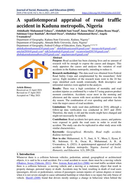 Pdf A Spatiotemporal Appraisal Of Road Traffic Accident In Kaduna Metropolis Nigeria