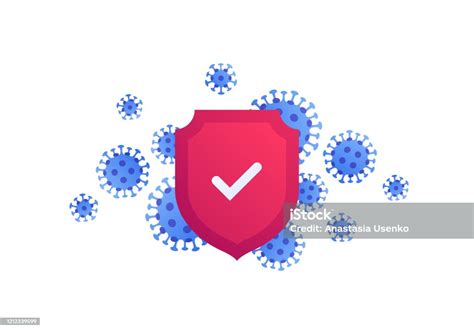 바이러스 전염병 개념 벡터 현대 평면 그림입니다 흰색 배경에 격리 된 체크 마크와 코로나 바이러스 기호 및 빨간색 방패 의학 배너 인포 그래픽 웹 포스터에 대한 디자인 요소