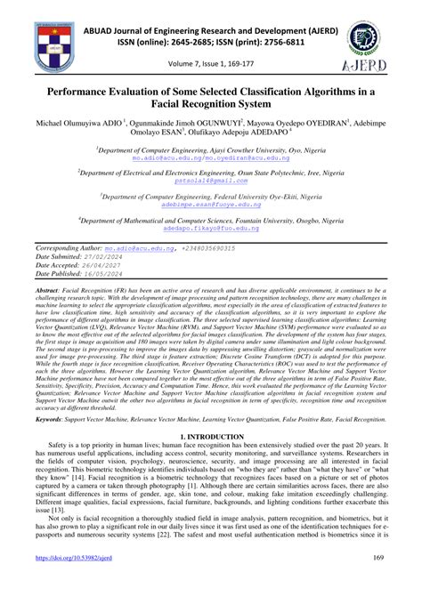 Pdf Performance Evaluation Of Some Selected Classification Algorithms In A Facial Recognition