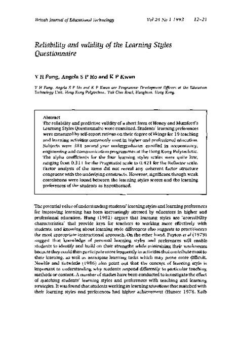 pdf reliability and validity of the learning styles questionnaire
