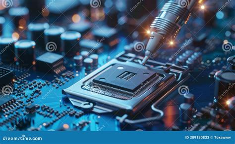 Close Up Of Robotic Arm Assembling Microchip On Circuit Board Stock Image Image Of Chip