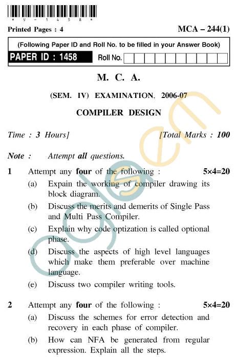Aktu Mca Question Papers Mca 2441 Compiler Design Aglasem