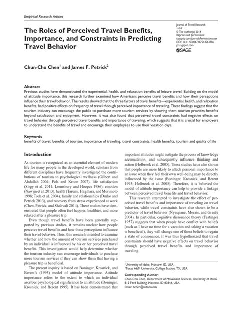 2014 The Roles Of Perceived Travel Benefits Importance And Constraints In Predicting Travel