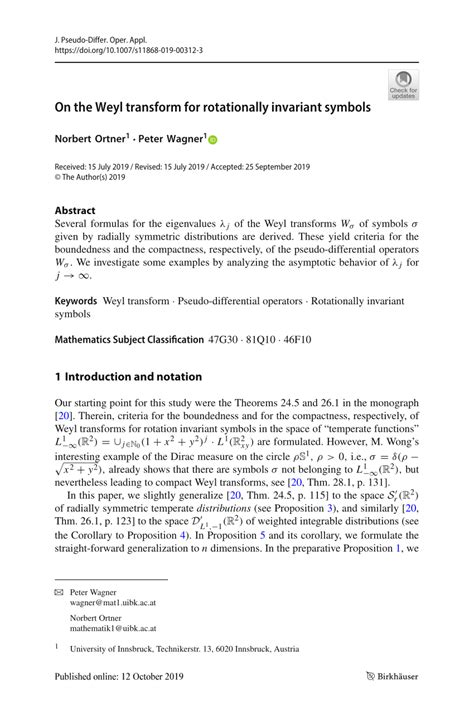 Pdf On The Weyl Transform For Rotationally Invariant Symbols