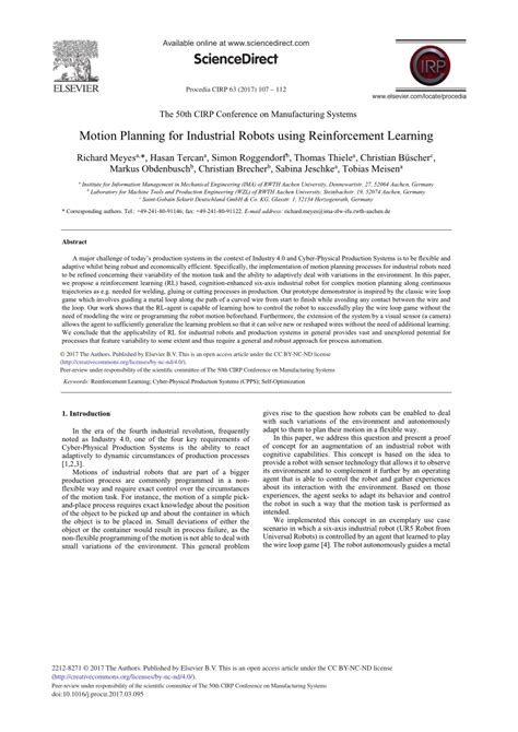 PDF Motion Planning For Industrial Robots Using Reinforcement Learning