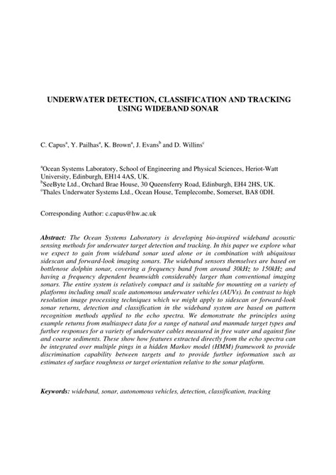 Pdf Underwater Detection Classification And Tracking Using Wideband Sonar