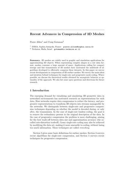 Pdf Recent Advances In Compression Of 3d Meshes