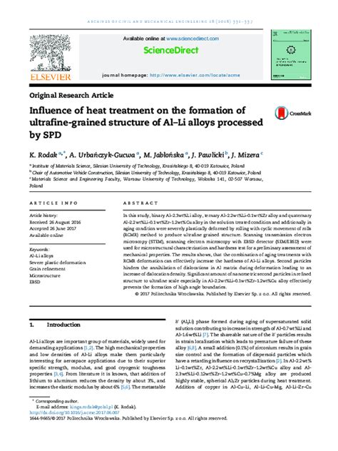 Pdf Influence Of Heat Treatment On The Formation Of Ultrafine Grained Structure Of Alli