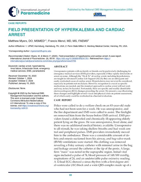 Field Presentation Of Hyperkalemia And Cardiac Arrest A Case Report International Journal Of
