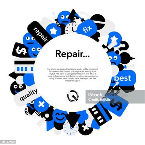 모바일 장비의 개념 수리 프레임에 텍스트 및 주제별 아이콘에 대 한 라운드 장소 아이콘을 복구 합니다 일러스트 현대적인 스타일 배너 개념에 대한 스톡 벡터 아트 및 기타