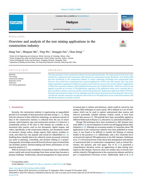 Pdf Overview And Analysis Of The Text Mining Applications In The Construction Industry