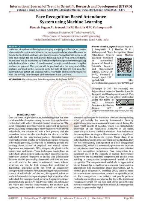 Face Recognition Based Attendance System Using Machine Learning Pdf