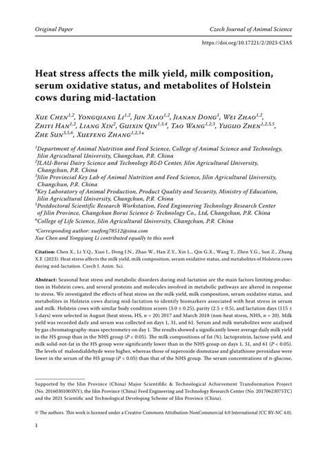 Pdf Heat Stress Affects The Milk Yield Milk Composition Serum