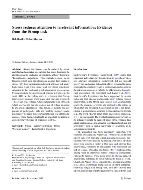 Pdf Stress Reduces Attention To Irrelevant Information Evidence From The Stroop Task